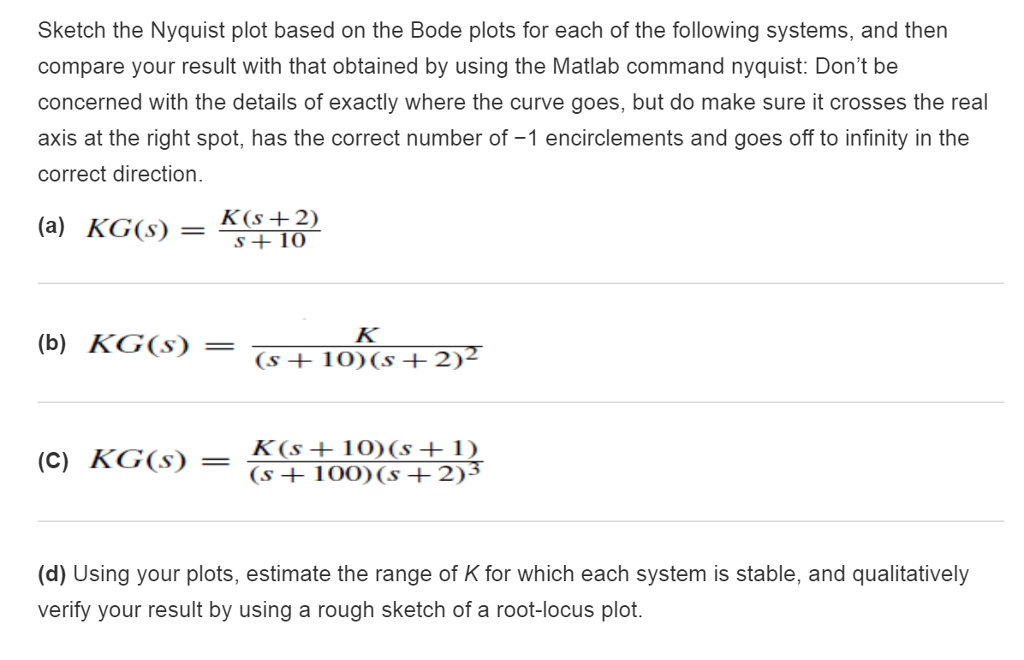 Solved Sketch the Nyquist plot based on the Bode plots for | Chegg.com