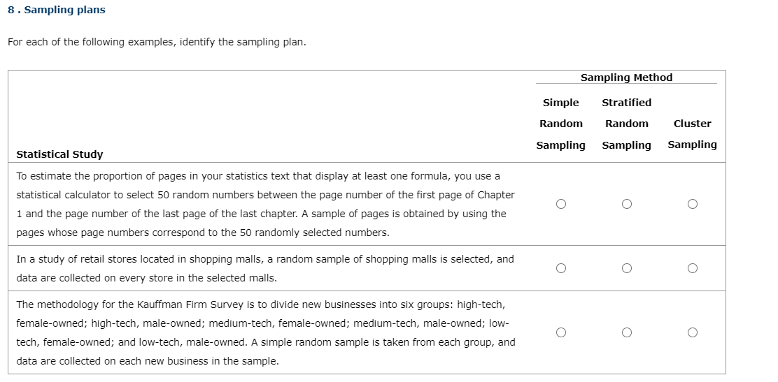 Solved 8. Sampling plans For each of the following examples, | Chegg.com
