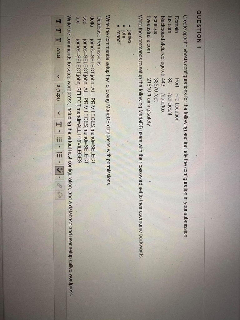 QUESTION 1 Create apache vhosts configurations for | Chegg.com