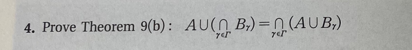 Solved 4. Prove Theorem 9(b): A∪(⋂γ∈ΓBγ)=⋂γ∈Γ(A∪Bγ) | Chegg.com