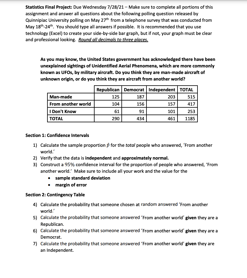Solved Statistics Final Project: Due Wednesday 7/28/21 - | Chegg.com