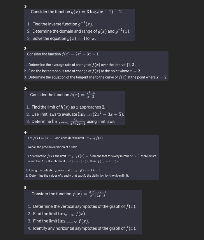 Solved 1-Consider the function g(x)=3log2(x+1)-2.Find the | Chegg.com