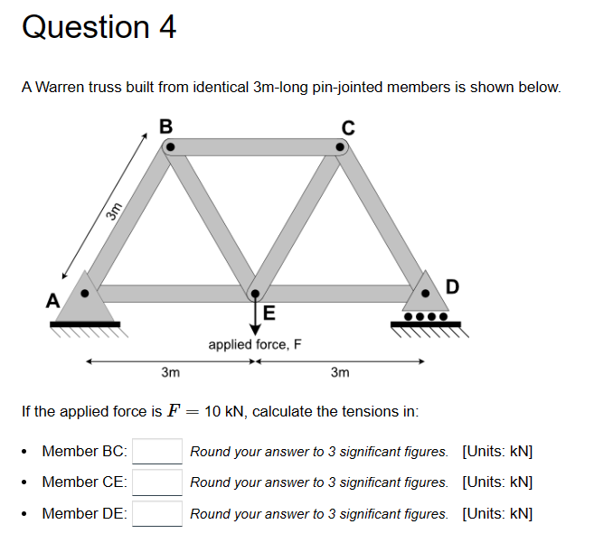 Solved Question 4A Warren truss built from identical 3m-long | Chegg.com