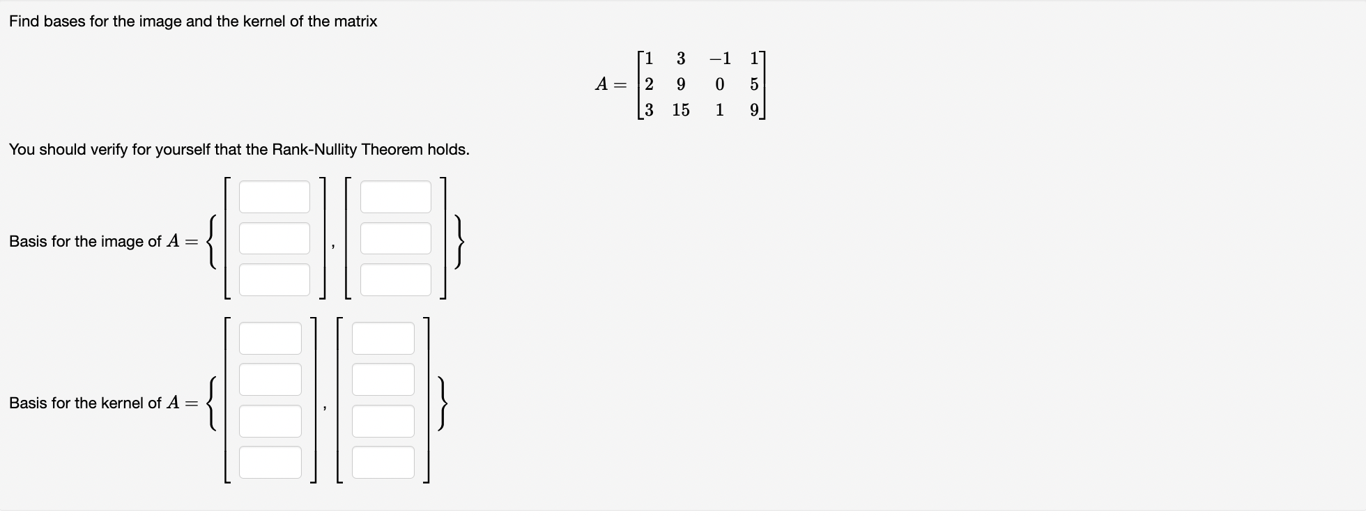 Solved A=⎣⎡101112−53−2−1−1−2⎦⎤ Find a pair of vectors u,v in | Chegg.com