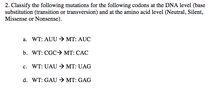 Solved 2. Classify the following mutations for the following | Chegg.com