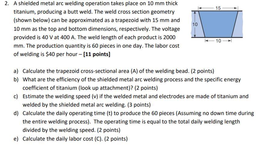Solved 15 10 2. A shielded metal arc welding operation takes | Chegg.com