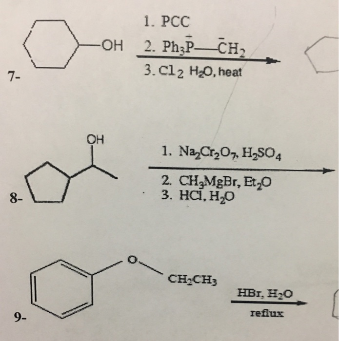 Solved 1. PCC OH 2. PhPCH 3. Cl2 H2O, heat 7- он 1. Na Cr20 | Chegg.com