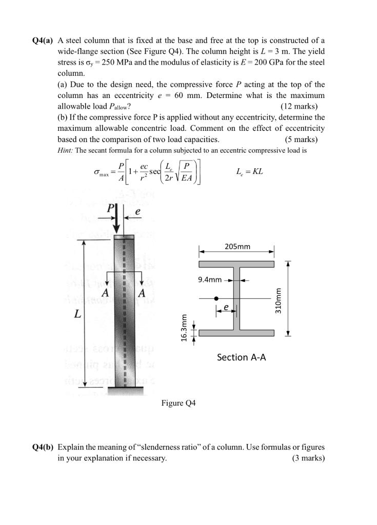 Solved Q4(a) A steel column that is fixed at the base and | Chegg.com