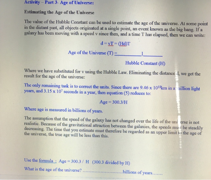 Solved Activity - Part 3 Age of Universe: Estimating the Age | Chegg.com
