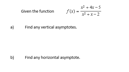 Solved Given the function f(x)=x2+x−2x2+4x−5 a) Find any | Chegg.com
