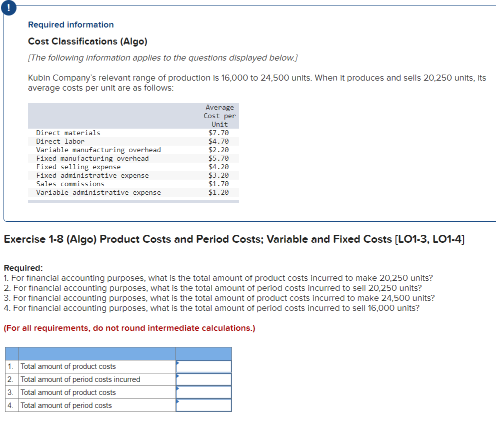 Solved Required information Cost Classifications (Algo) [The | Chegg.com