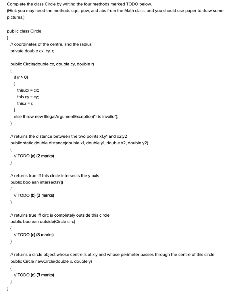 Solved Complete the class Circle by writing the four methods | Chegg.com