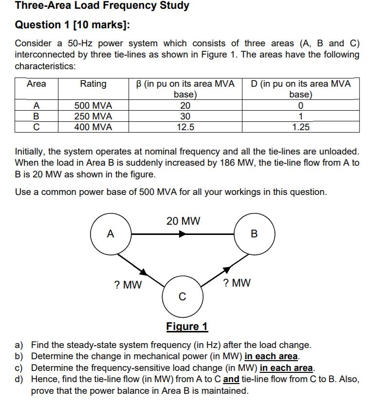 Solved Three-Area Load Frequency Study Question 1 [10 | Chegg.com