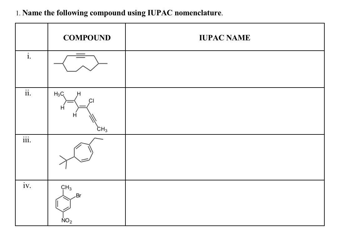 Solved 1. Name the following compound using IUPAC | Chegg.com