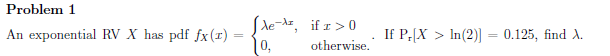 Solved Problem 1 An exponential RV X has pdf fx (I) = le-Az, | Chegg.com