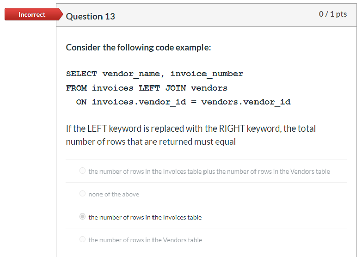 Solved Incorrect Question 13 0/1 pts Consider the following | Chegg.com