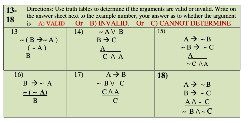 Solved 13- 18 13 Directions: Use truth tables to determine | Chegg.com
