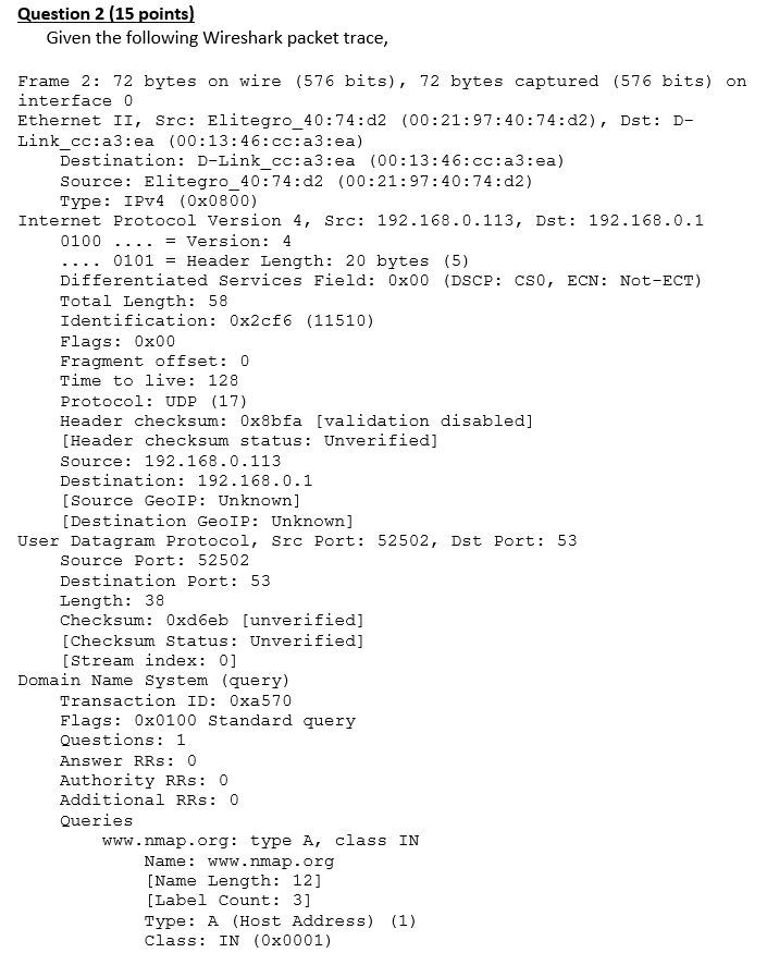 Question 2 (15 points) Given the following Wireshark | Chegg.com