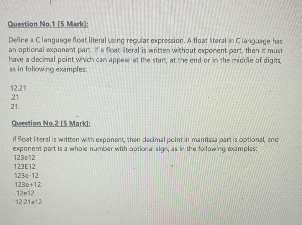 Question No.1 [5 Mark]: Define a C language float | Chegg.com
