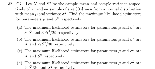 Solved 32. C7 Let X and Sº be the sample mean and sample | Chegg.com