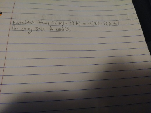 Solved Establish for any that P(B) - PCA) = P(B)-P(ANB) sets | Chegg.com