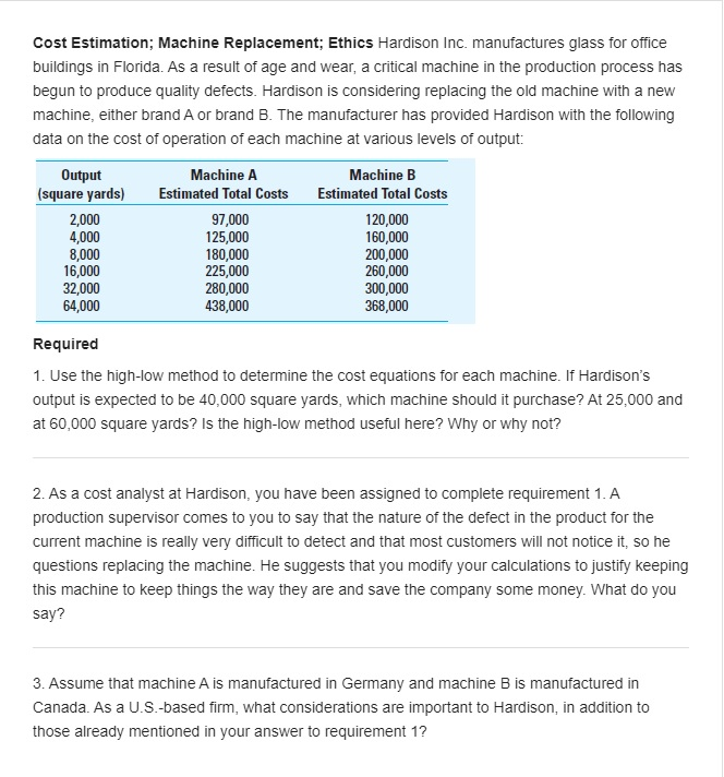 Solved Cost Estimation; Machine Replacement; Ethics Hardison | Chegg.com