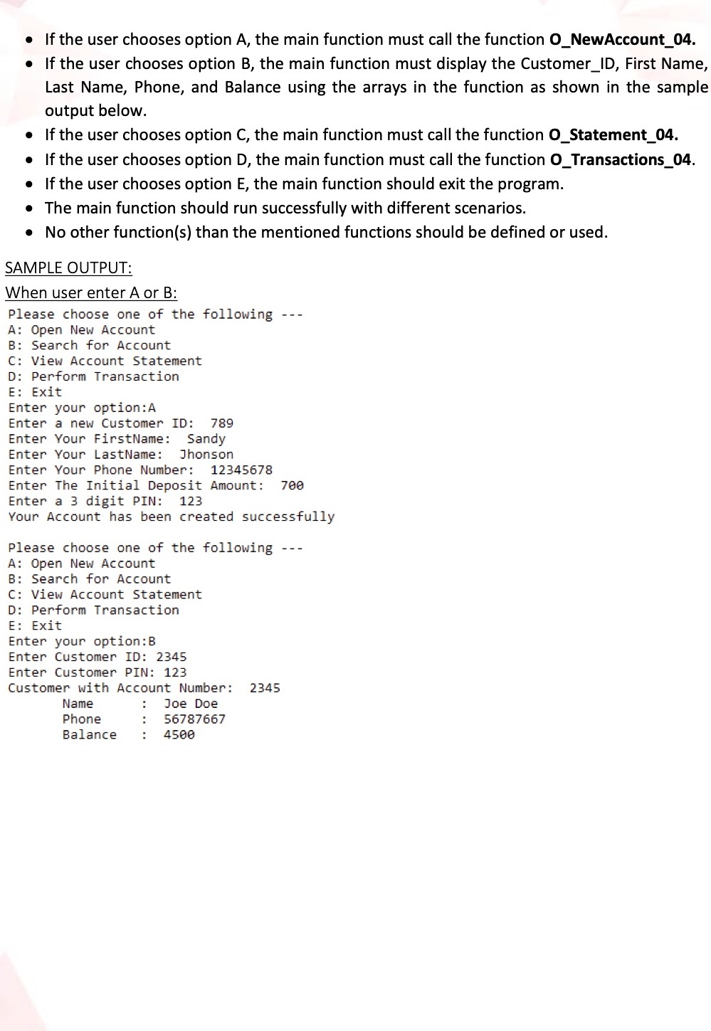 Solved Problem Write a C program to implement a banking | Chegg.com