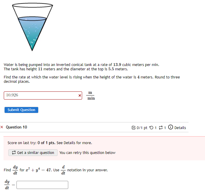 Solved Water is being pumped into an inverted conical tank | Chegg.com