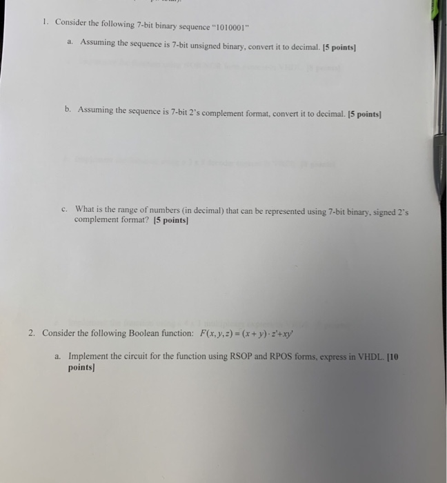 Solved 1. Consider the following 7-bit binary sequence | Chegg.com