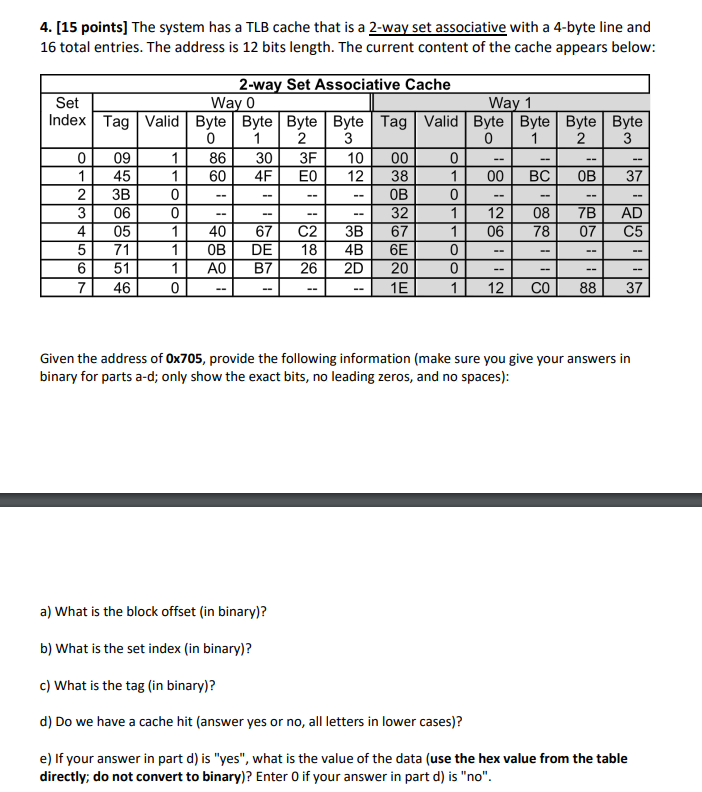 Solved 4. [15 points] The system has a TLB cache that is a | Chegg.com