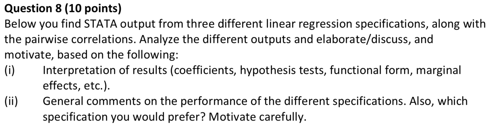 Question 8 (10 points) Below you find STATA output | Chegg.com
