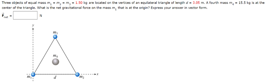 Solved Three objects of equal mass m1-m2 = m3 1.50 kg are | Chegg.com