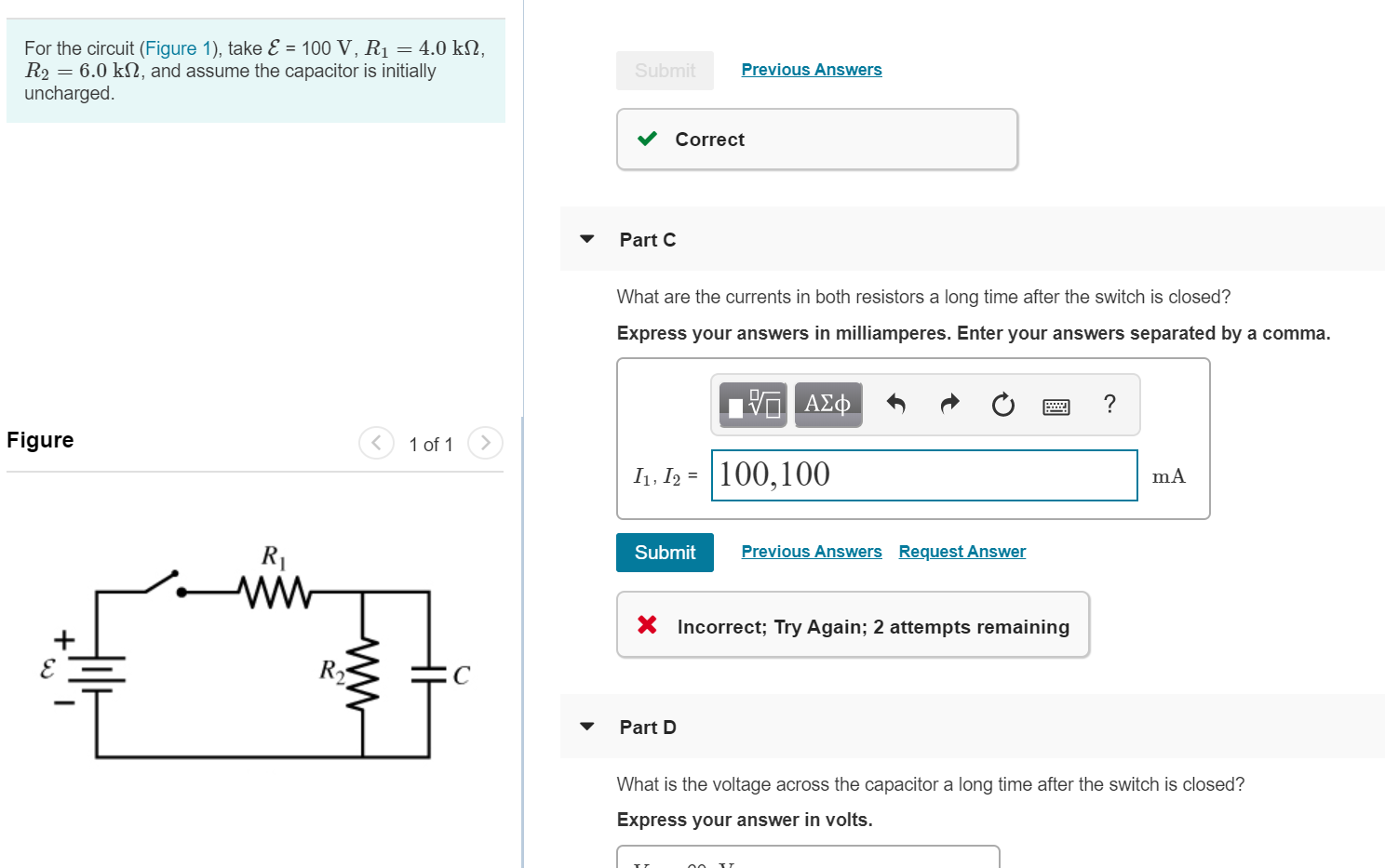 Solved For the circuit (Figure 1), take E = 100 V, R1 = 4.0 | Chegg.com