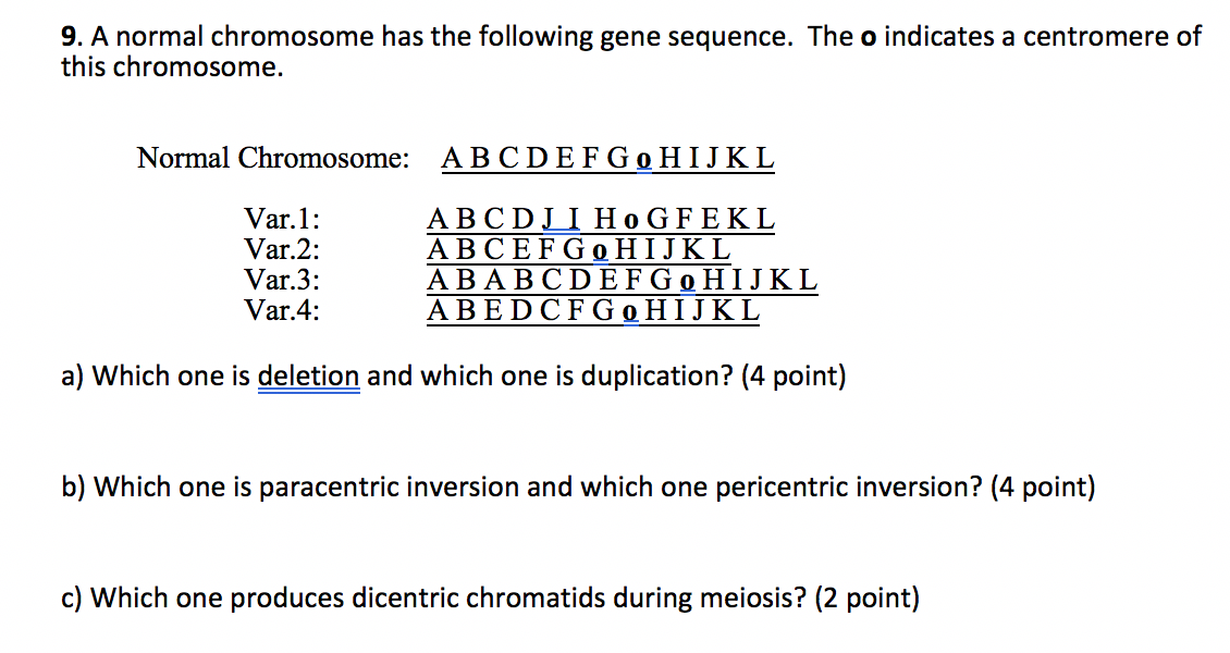 Solved 9. A normal chromosome has the following gene | Chegg.com