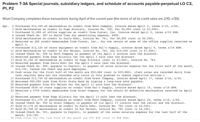 Solved Problem 7-3A Special journals, subsidiary ledgers, | Chegg.com