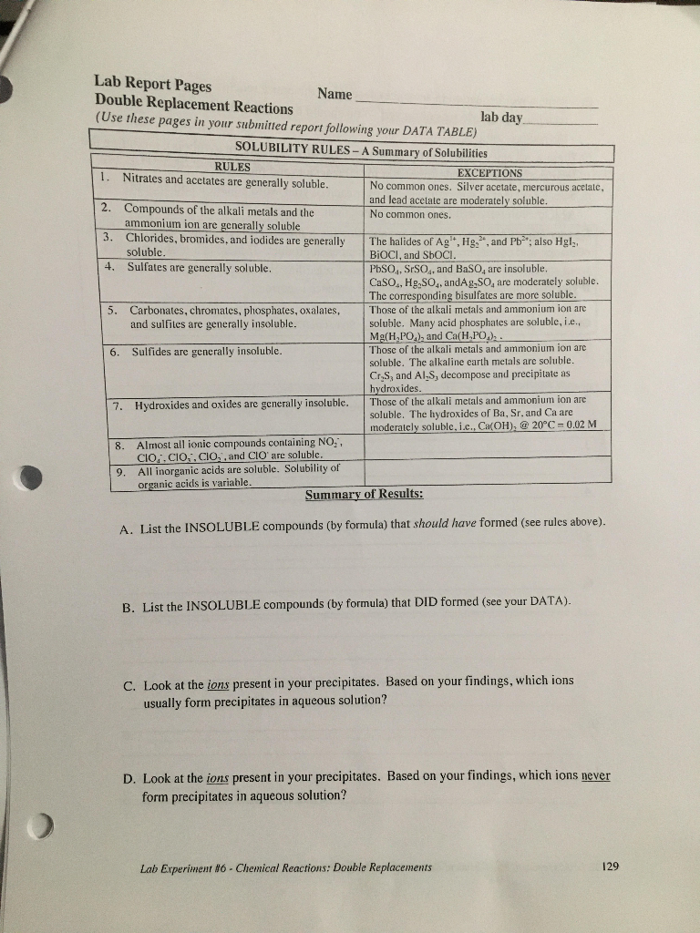 Lab Report Pages Double Replacement Reactions Name | Chegg.com