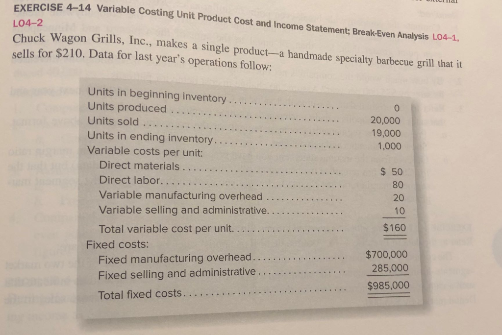 Solved LO4-2 EXERCISE 4-14 Variable Costing Unit Product | Chegg.com