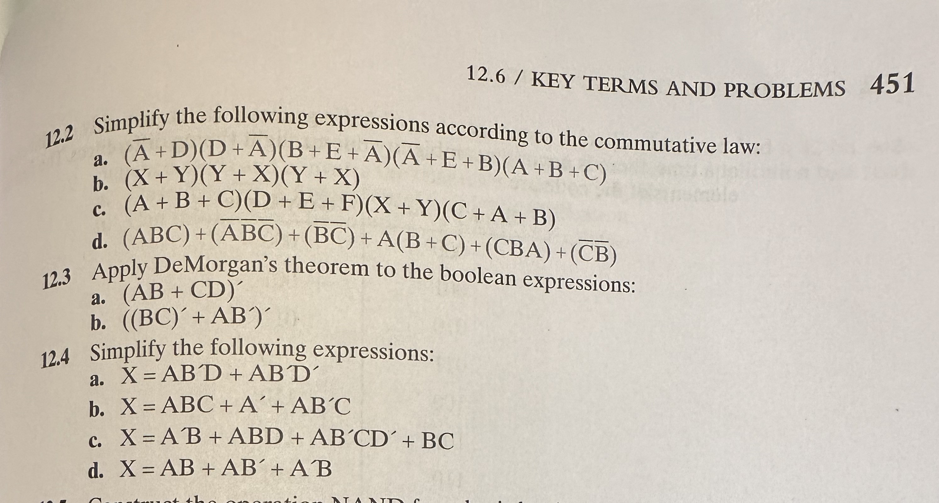 Solved 12.3 ﻿Apply DeMorgan's theorem to ﻿the boolean | Chegg.com