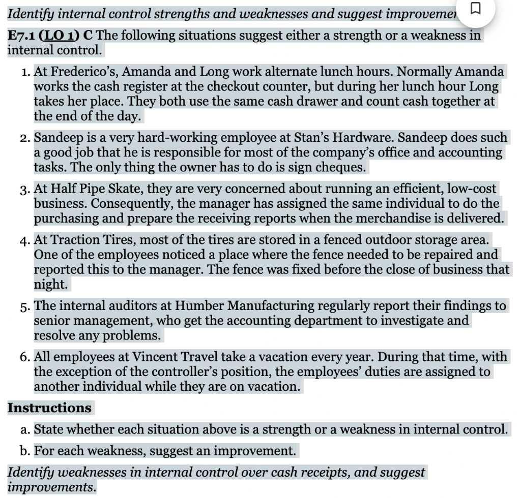 Solved Identify internal control strengths and weaknesses | Chegg.com