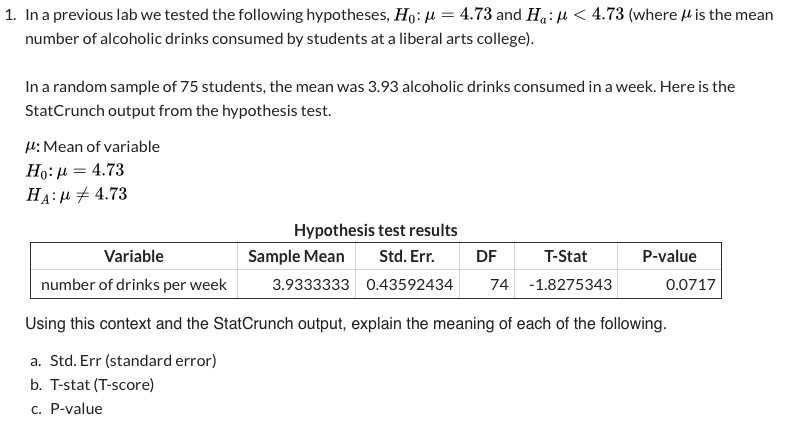 Solved 1. In a previous lab we tested the following | Chegg.com