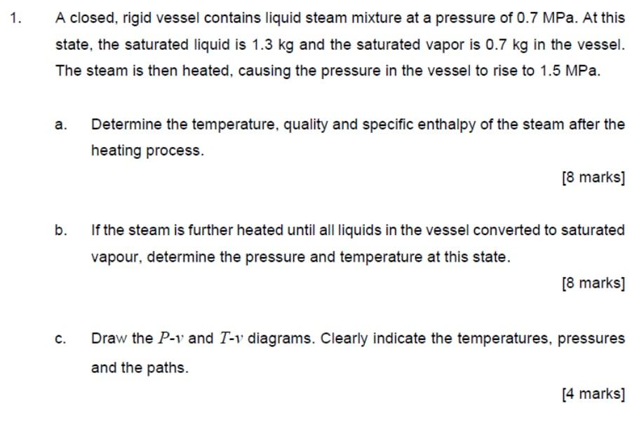 Solved 1. A closed, rigid vessel contains liquid steam | Chegg.com