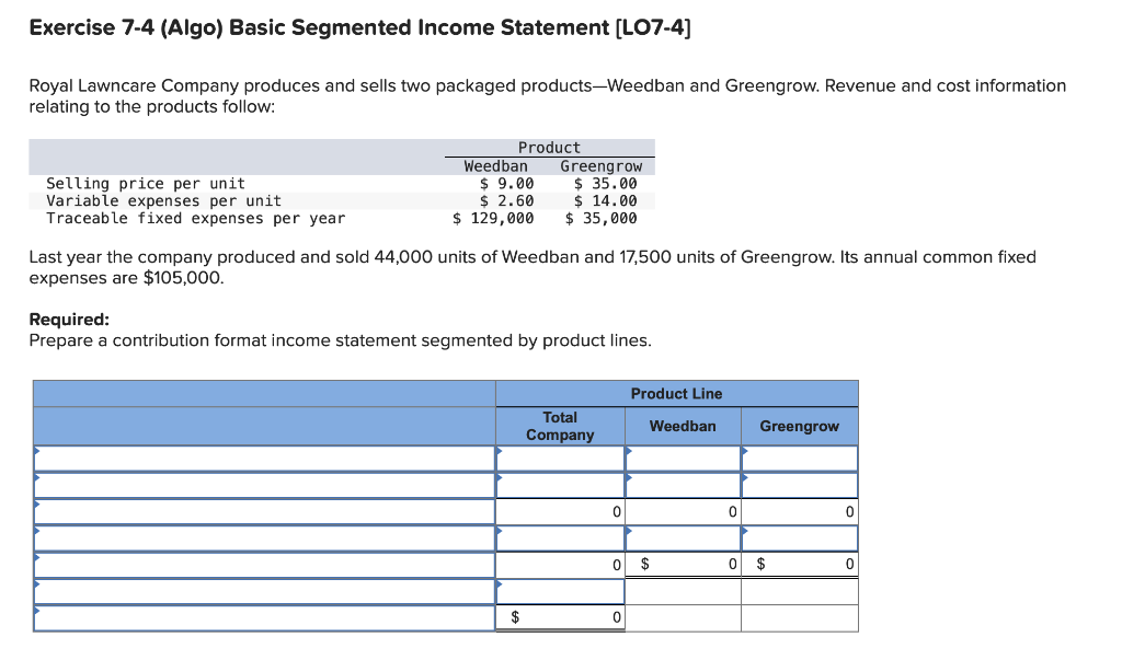 Solved Exercise 7-4 (Algo) Basic Segmented Income Statement | Chegg.com