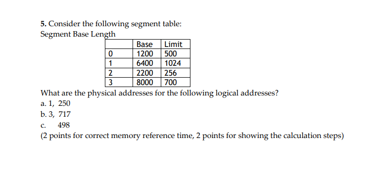Solved 5. Consider the following segment table: Segment Base | Chegg.com