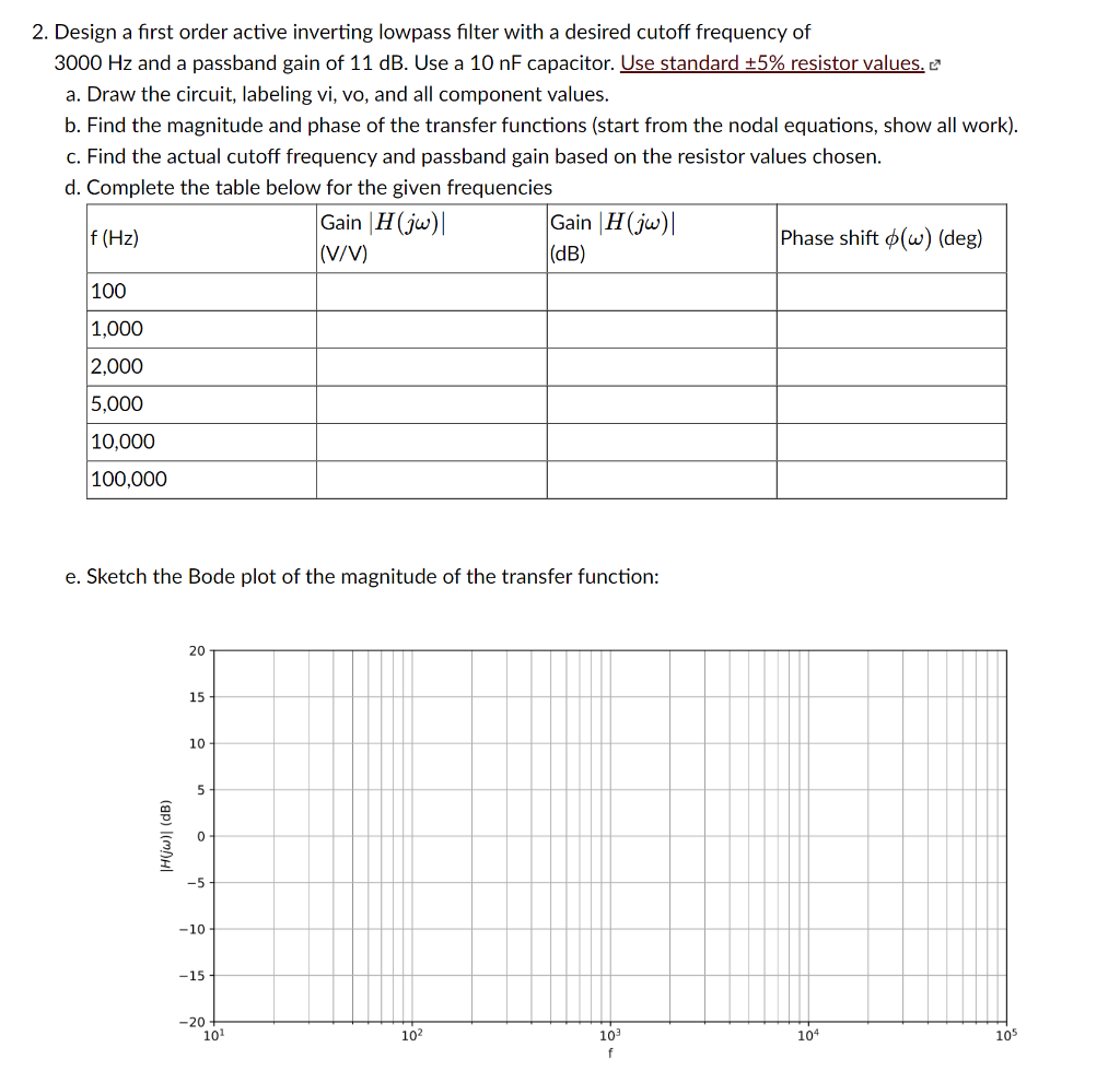 Solved 2. Design a first order active inverting lowpass | Chegg.com