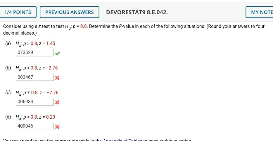 Solved 1/4 POINTS PREVIOUS ANSWERS DEVORESTAT9 8.E.042. MY | Chegg.com