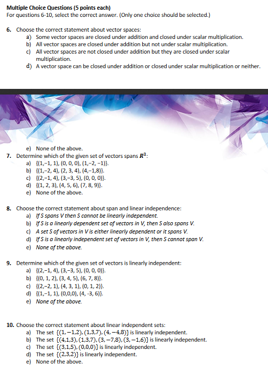 Solved Multiple Choice Questions (5 points each) For | Chegg.com
