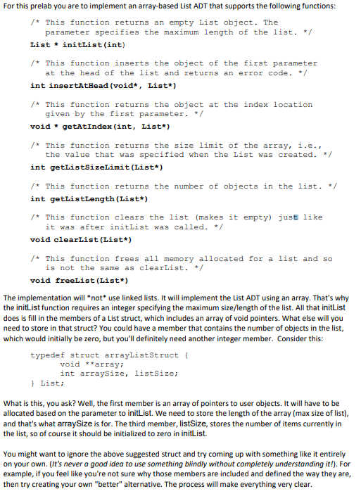 For this prelab you are to implement an array-based | Chegg.com