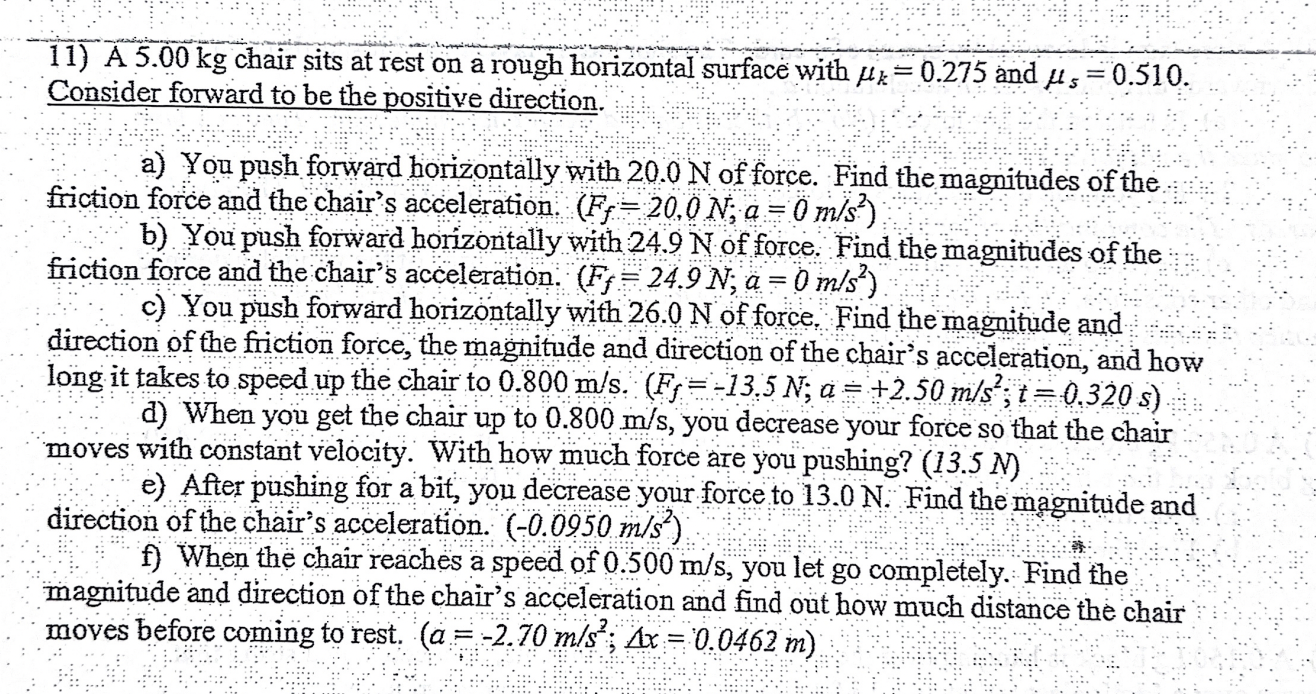 Solved 11) A 5.00 kg chair sits at rest on a rough | Chegg.com