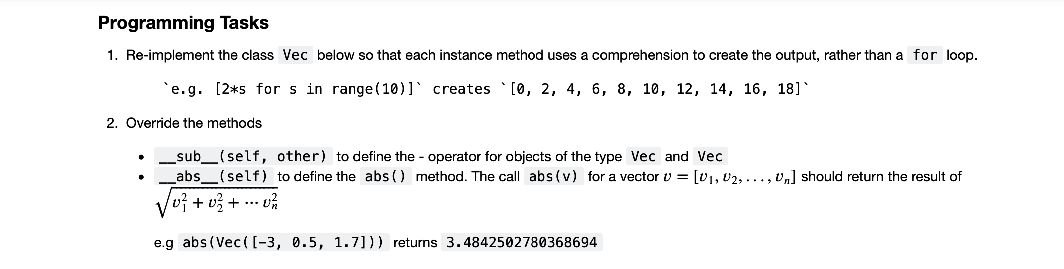 Solved Programming Tasks 1. Re-implement the class Vec below | Chegg.com