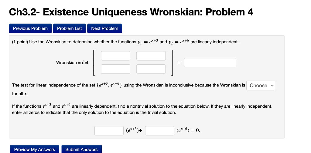 Solved (1 point) Use the Wronskian to determine whether | Chegg.com